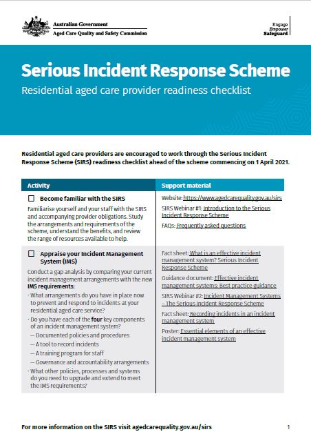 SIRS readiness checklist | Aged Care Quality and Safety Commission